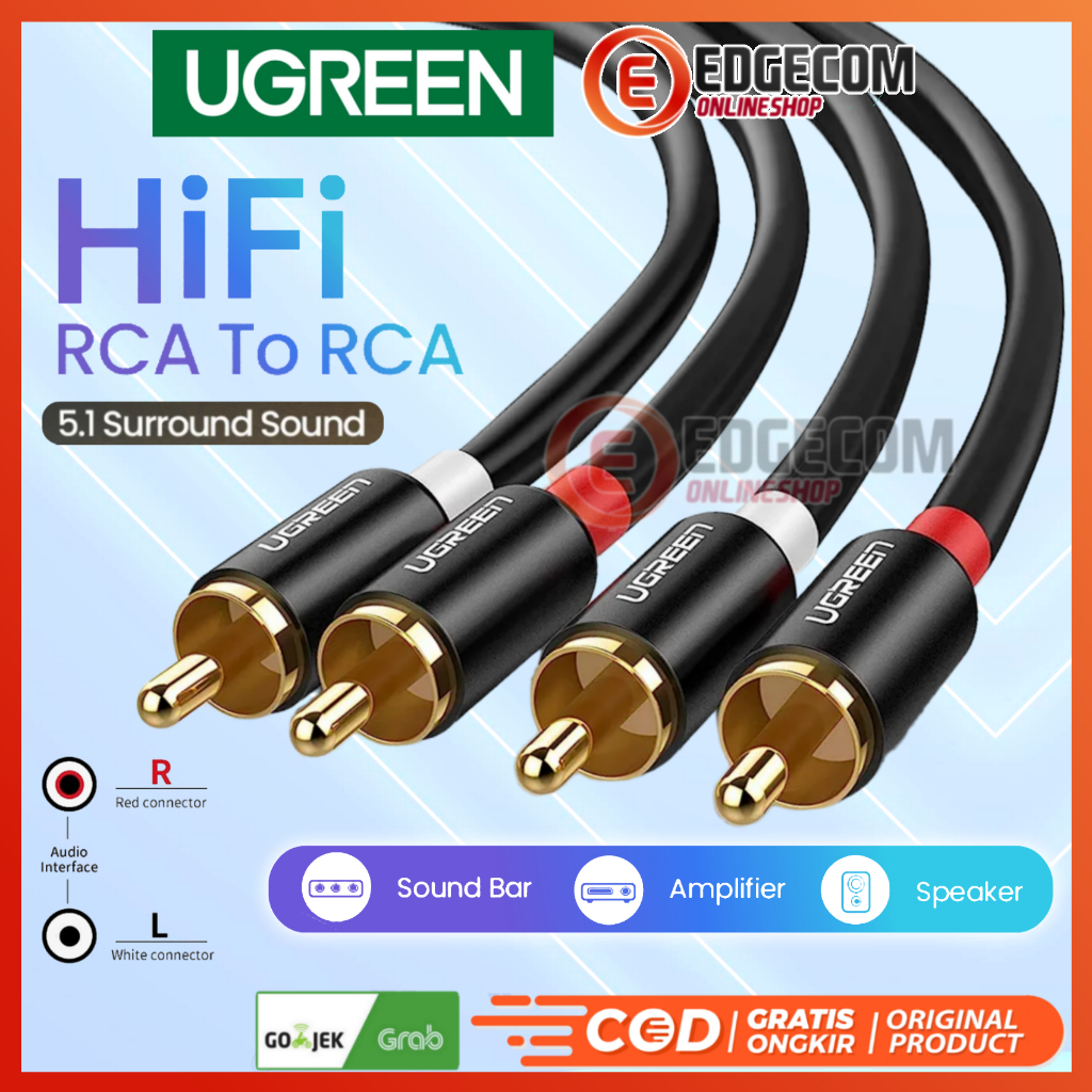 UGREEN Stereo Audio Cable 2 RCA to 2 RCA L - R Gold Plated 1 / 2 / 3 ...