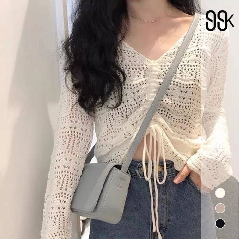 PUTIH Blouse BLOUSE Tops Women OUTER Drawstring Knitted Net TOP WHITE ...