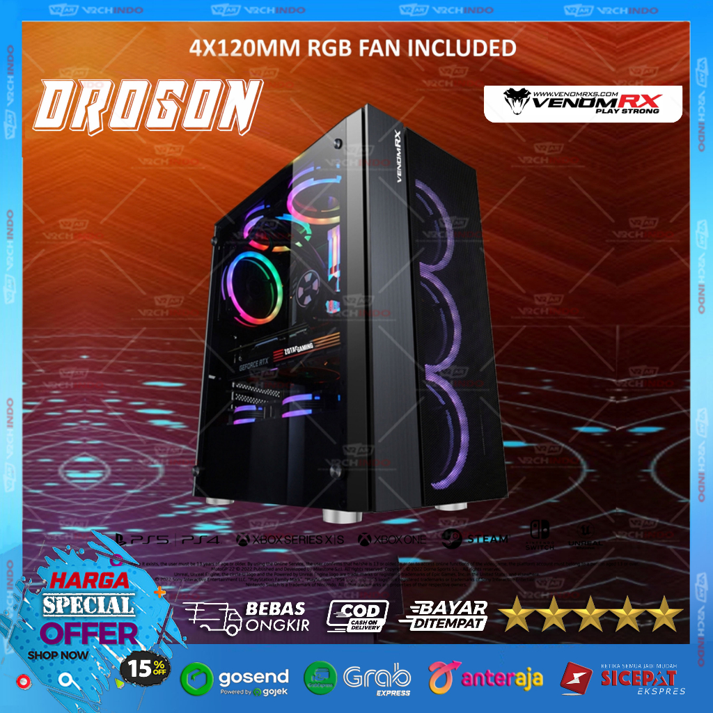 Venomrx Casing Drogon ATX Tempered Glass PC Casing - Free 4 Fan RGB ...