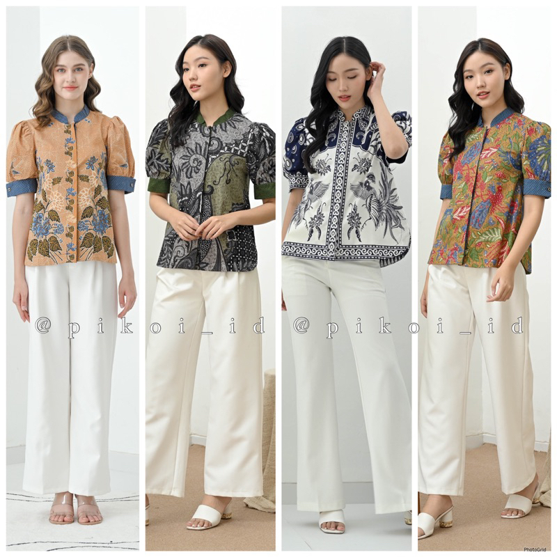 Modern women's batik tops office uniforms / Short balloon sleeve batik ...