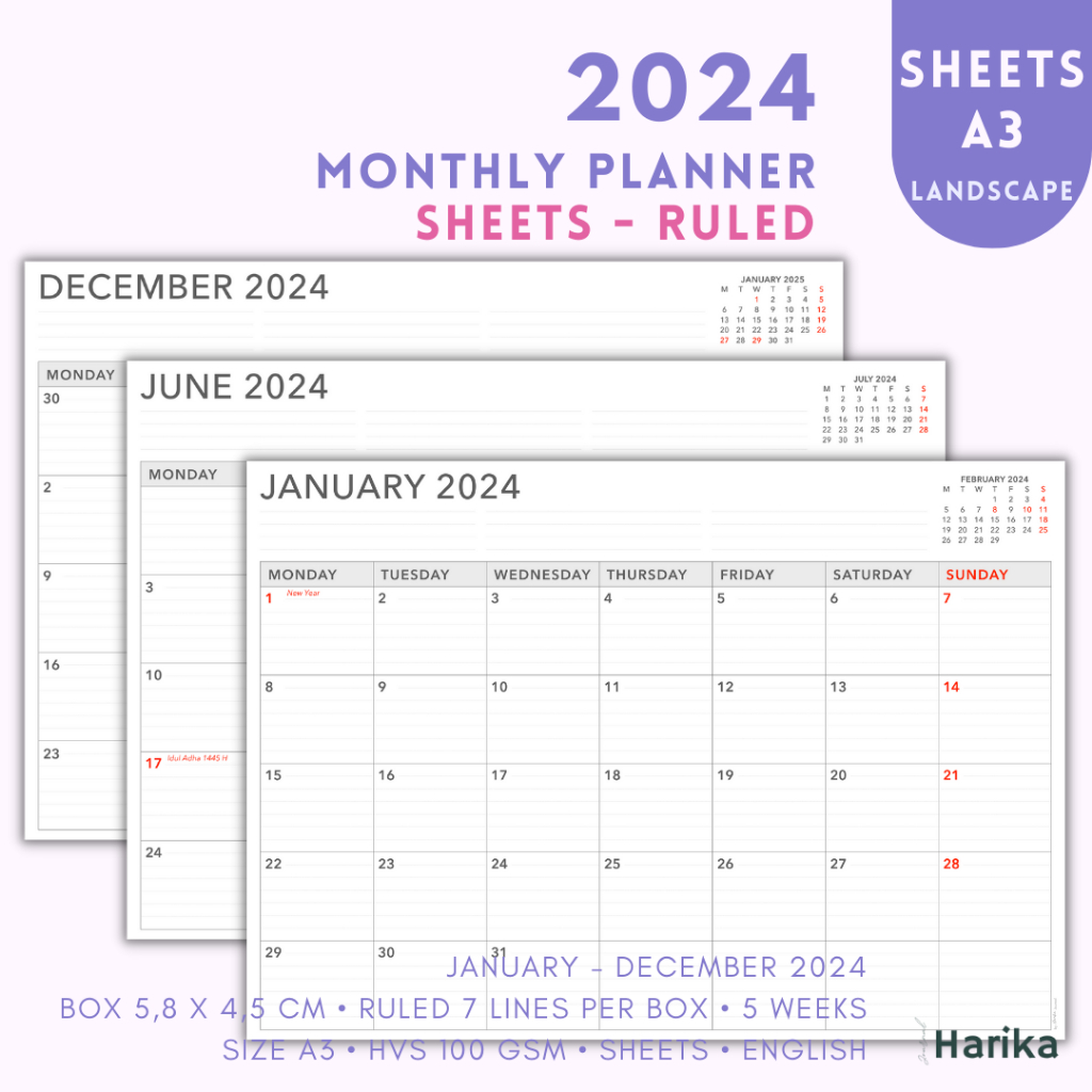 Monthly Planner 2024 | A3 | Ruled-sheets | Shopee Singapore