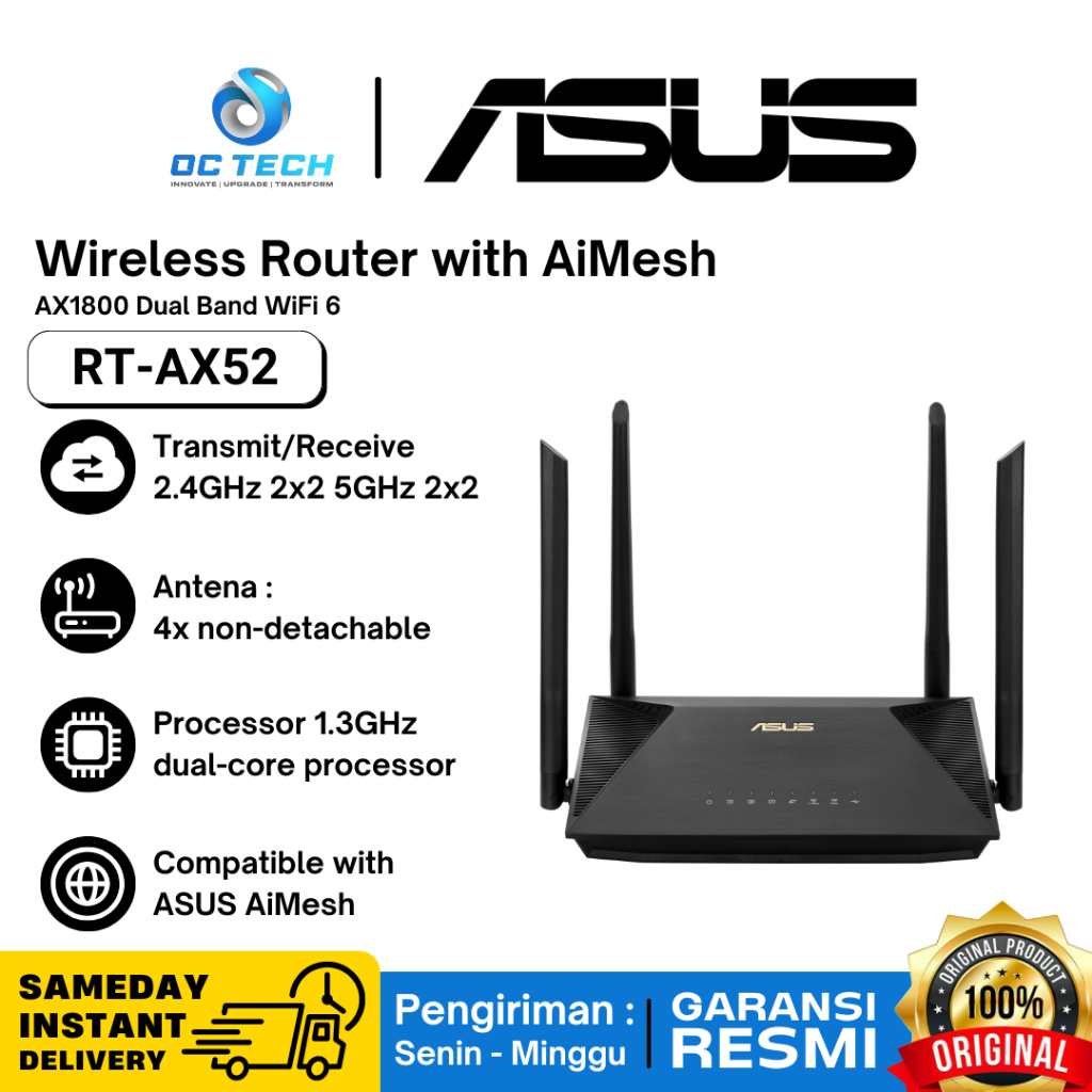 Asus RT-AX52 Dual Band WiFi 6 AX1800 Extendable Router 1800Mbps with ...