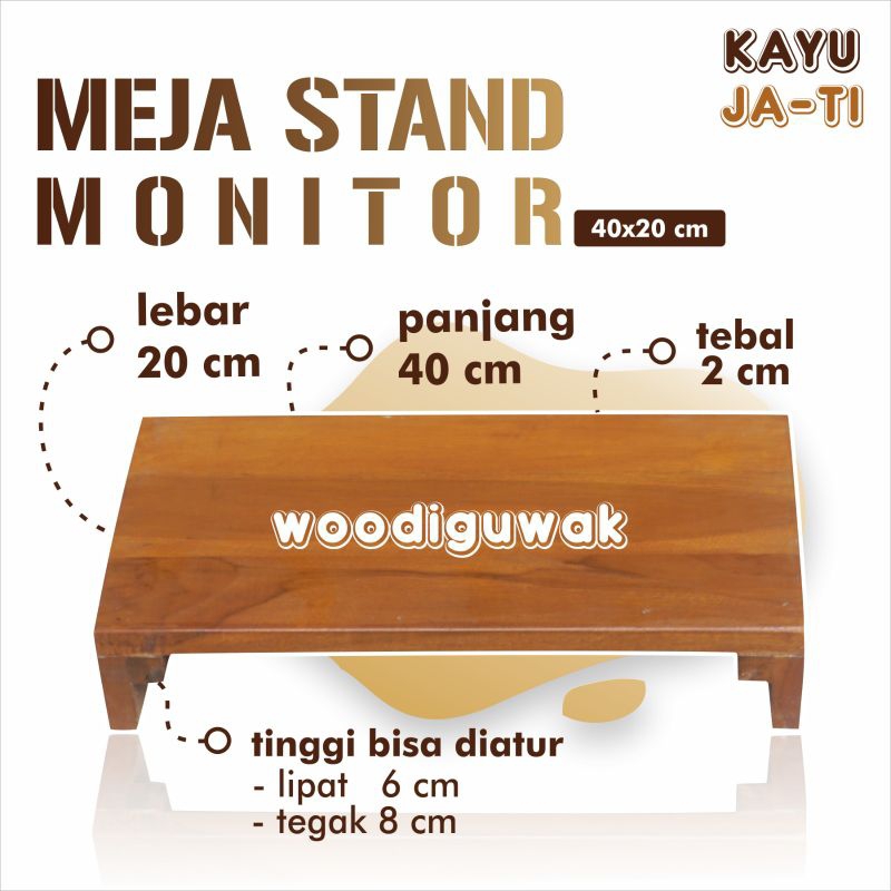 KAYU Minimalist Monitor Stand Desk Adjustable Height Solid Teak Wood ...