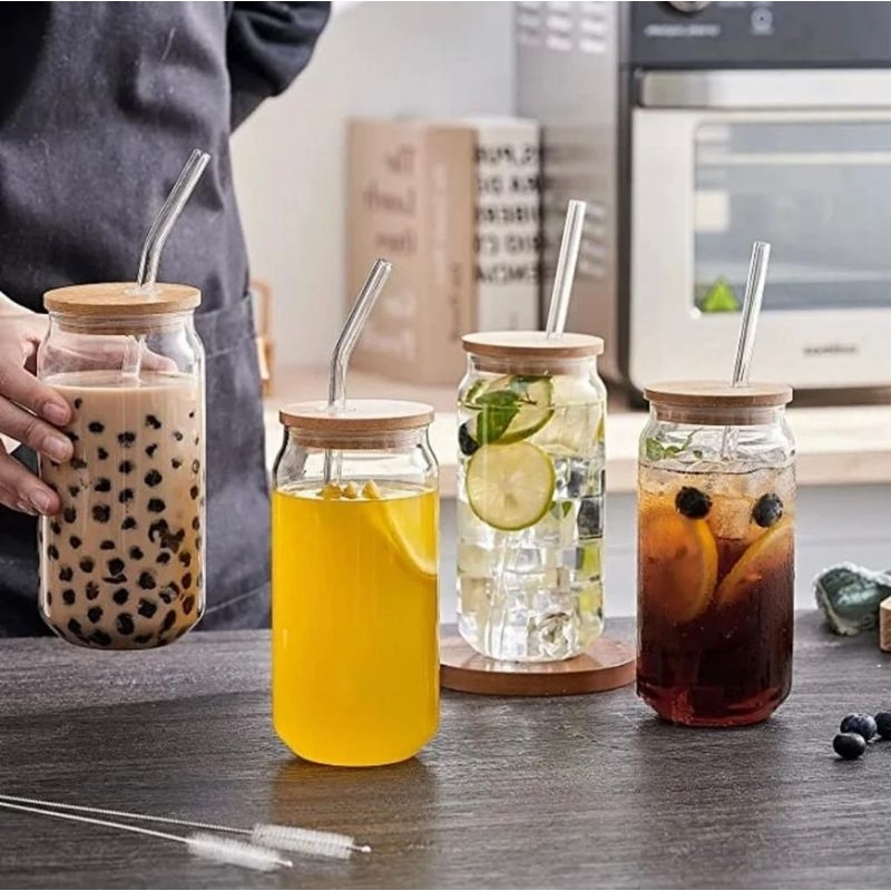 KAYU Drinking Glass with Bamboo Lid Straw / Aesthetic Glass Cup with ...