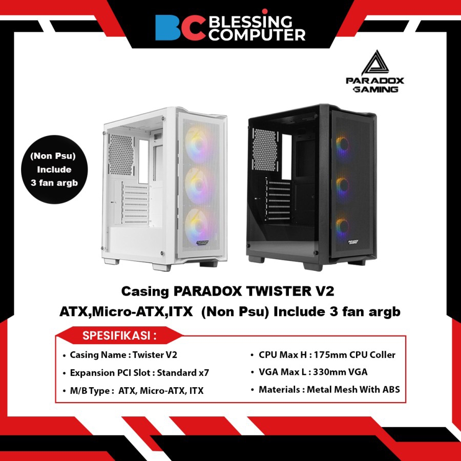 PARADOX TWISTER V2 Includes 3 Fan ARGB Casing (Non Psu) White | Shopee ...