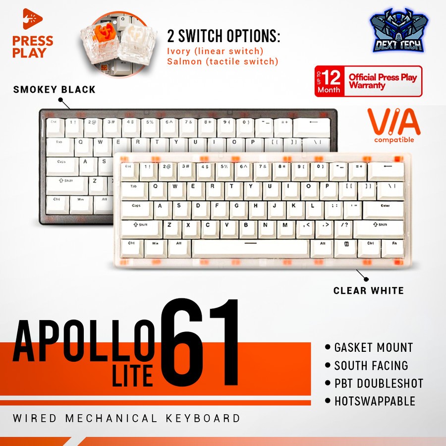 Press Play APOLLO61/APOLLO 61 Lite 60% RGB Hotswappable Gasket Wired ...