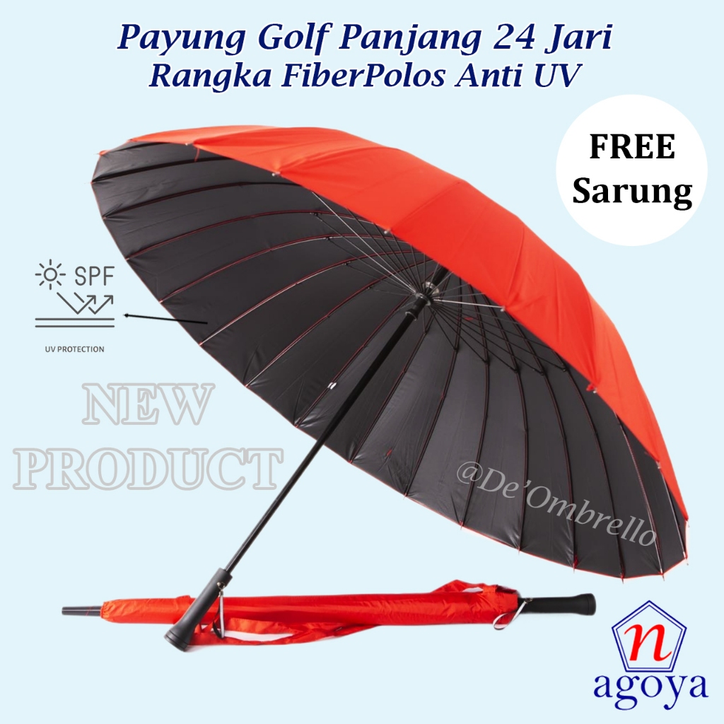 (105) Long Golf Umbrella with 24 Spokes, Plain Fiber Frame, Black ...