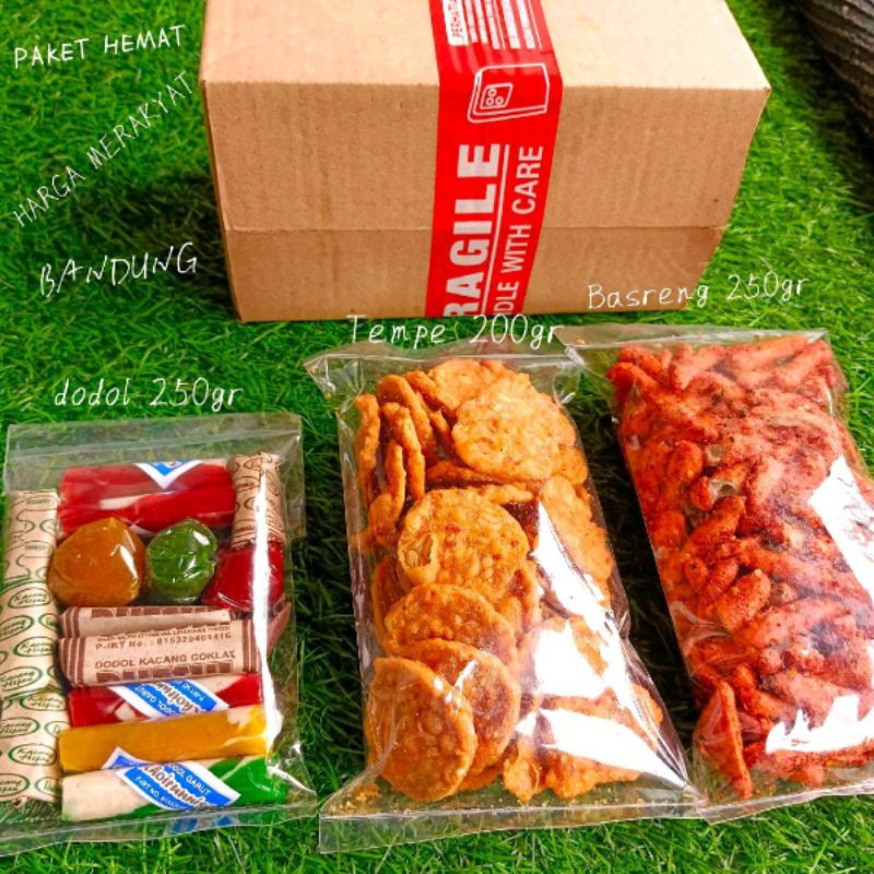 Economical packages of bandung snacks, tempeh chips, basreng, dodol ...