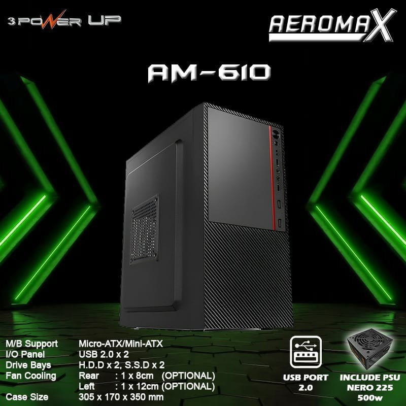 AeroMax AM-610/AM-611 3 Power Up PC Casing - Mini Tower M-ATX With 500W ...