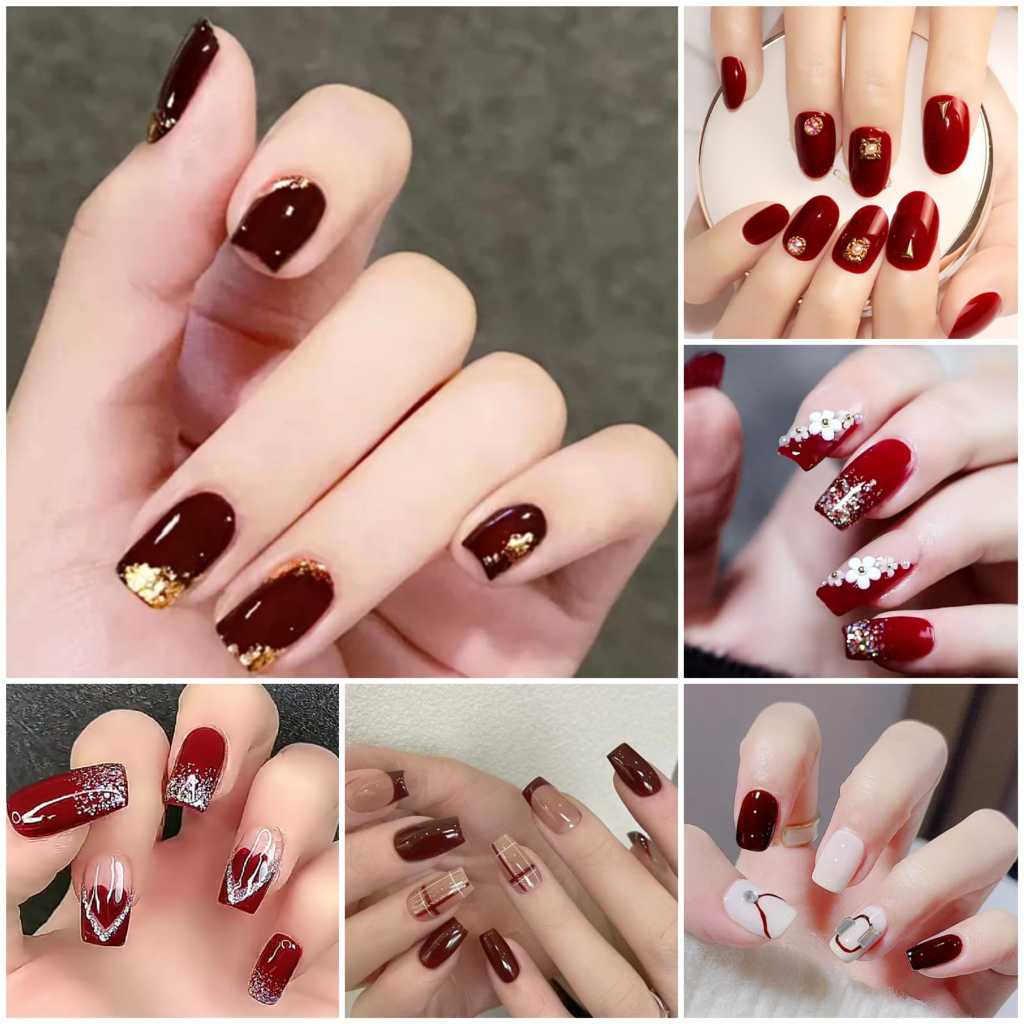 MERAH 24pcs Fake Nails Dark Red Maroon Short And Long Free Liquid Glue ...