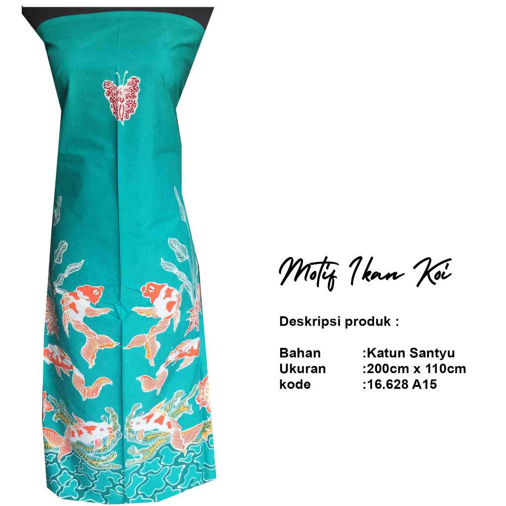 Hand-drawn batik with koi fish motif - fish batik - turquoise batik ...