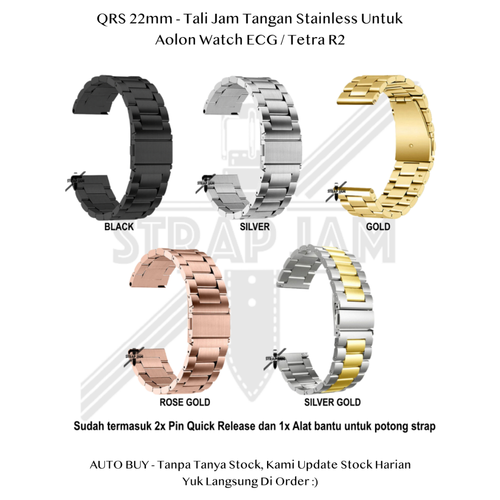 QRS 22mm Stainless Steel Strap Aolon Watch ECG / Tetra R2 - Solid Metal ...