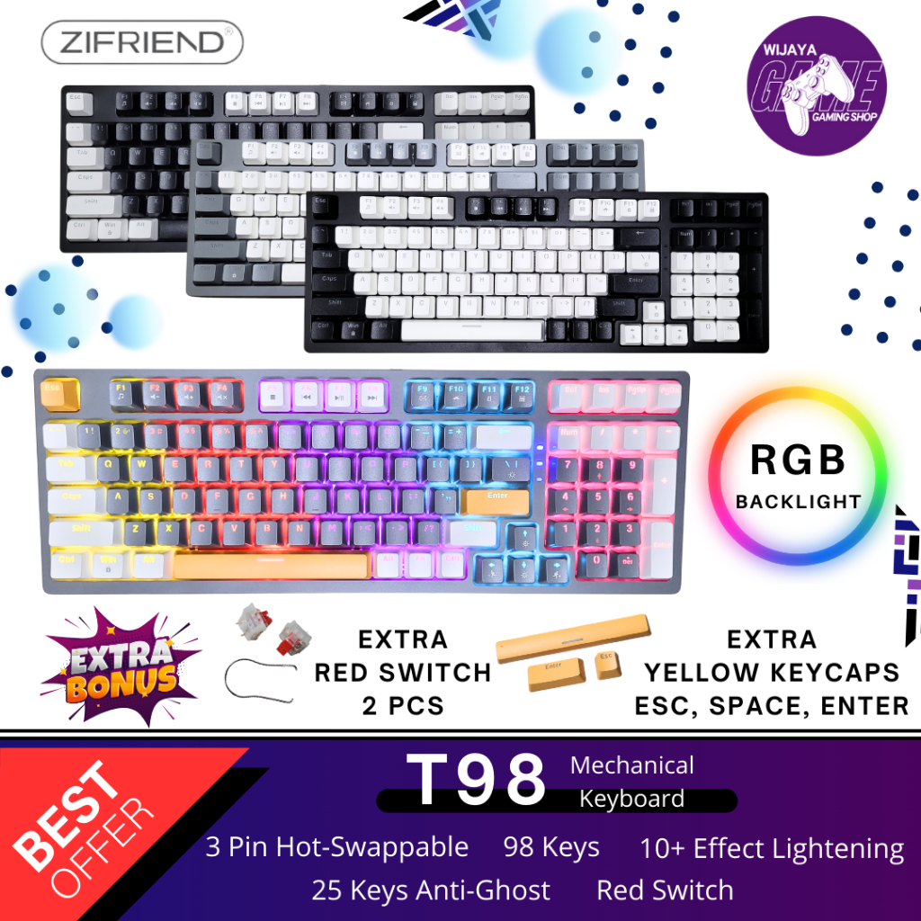 Zifriend T98 Mechanical Gaming Keyboard Red Switch Pluggable 80% Layout ...