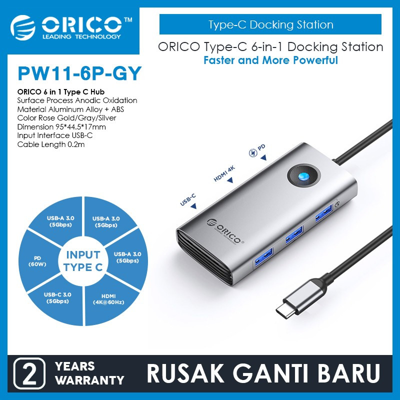 Orico PW11-6P USB Extension Type C 6 USB Ports USB Hub A 3.0 5Gbps Type C 3.0 5Gbps Type C PD ...