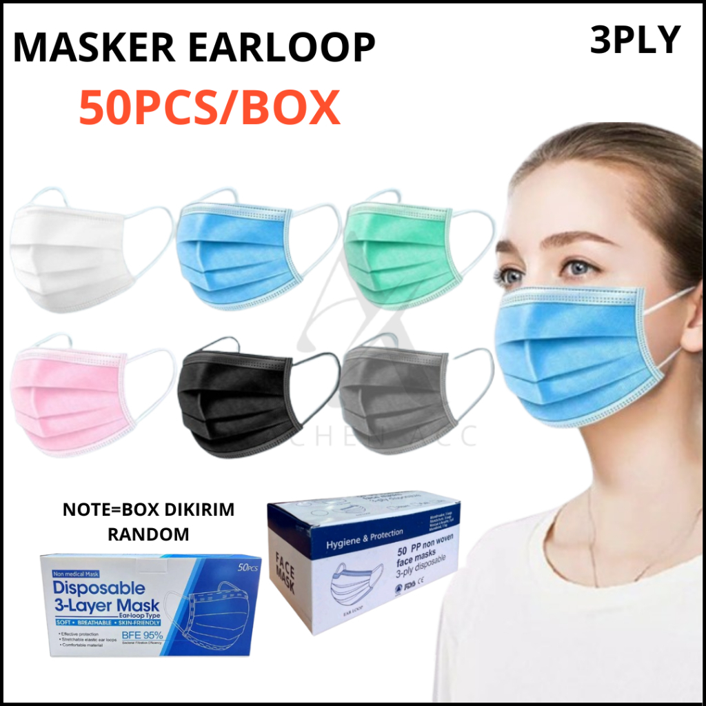 3-Ply Earloop Disposable Masks, 50 Pcs, Disposable Face Masks, Colorful ...