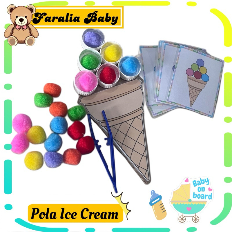 Montesori Educational Toys Sorting Color Patterns Ice Cream Pompom Busy ...