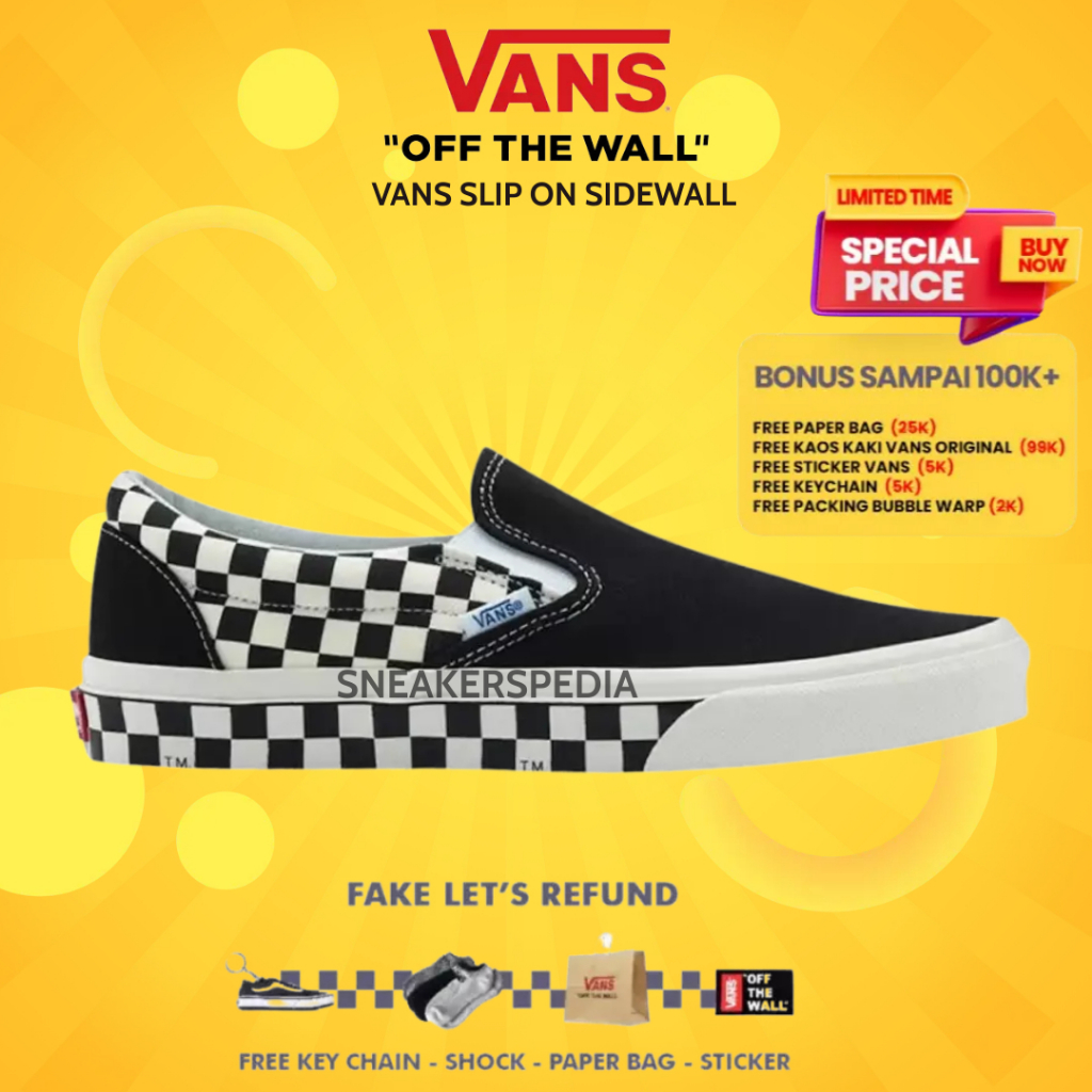 Vans Original 100% Slip On Classic Sidewall Checkerboard Black White ...