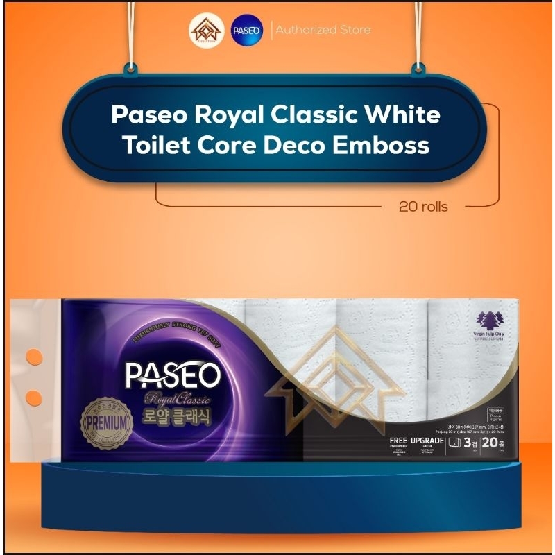 Paseo Royal Classic White Tissue Toilet Core Deco Emboss 20 Rolls 275 ...