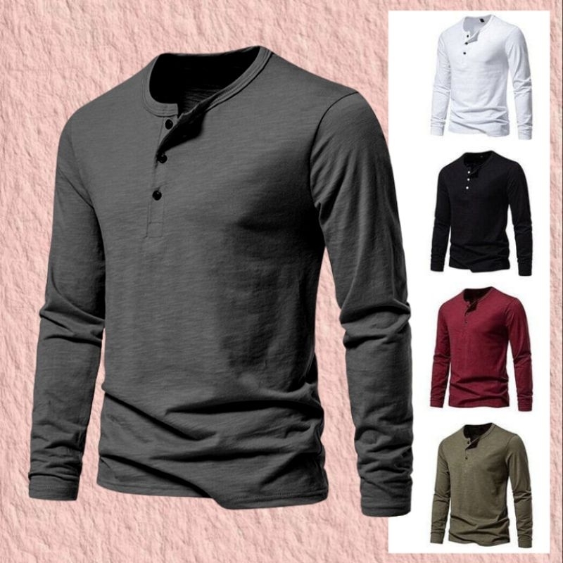 Men's 3-button T-Shirt Long Sleeve henley Button T-Shirt | Shopee Singapore