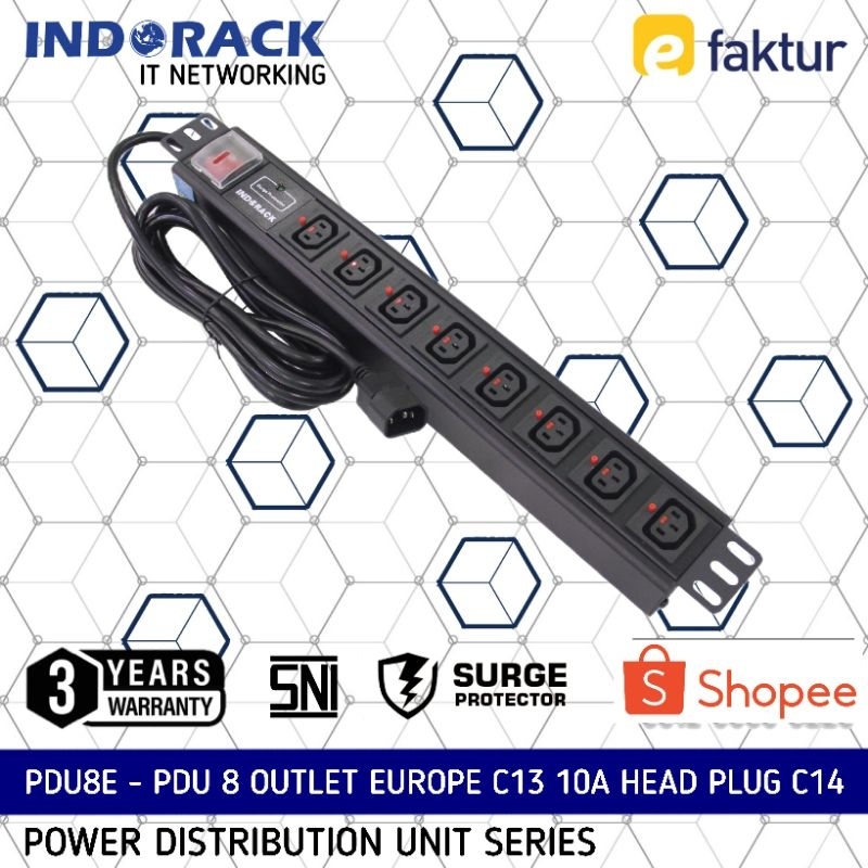 Pdu8e PDU INDORACK 8 Outlet 10A Europe C13 Head Plug C14 Socket Power Distribution Unit Rack ...