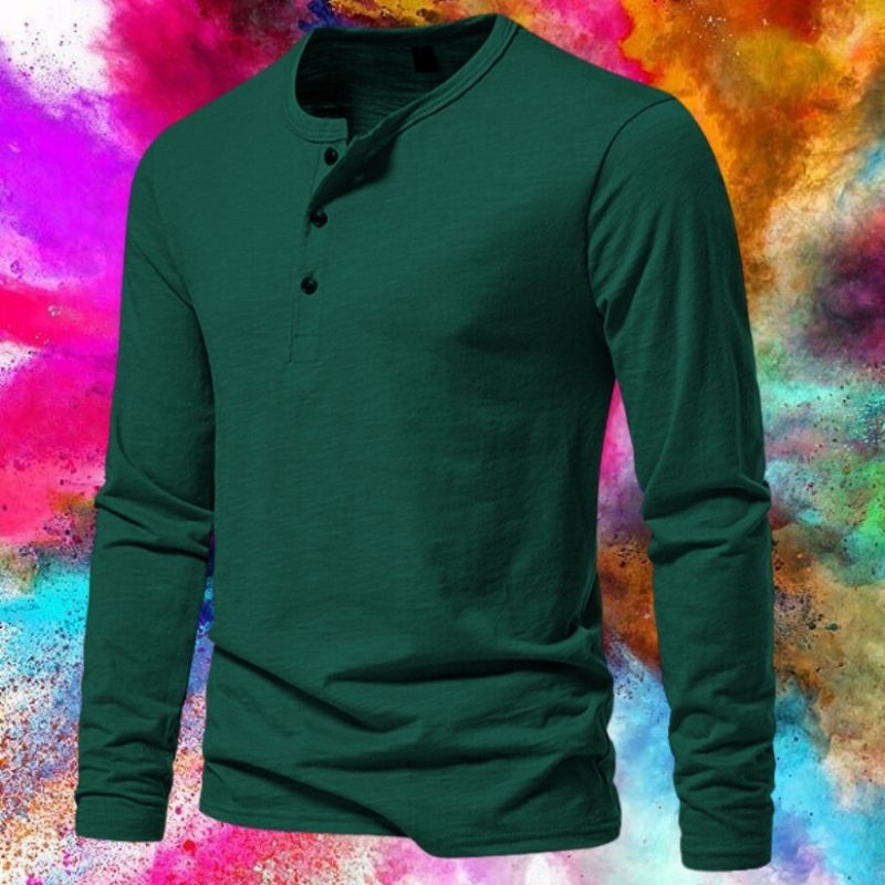 Men's 3-button T-Shirt Long Sleeve henley Button T-Shirt | Shopee Singapore