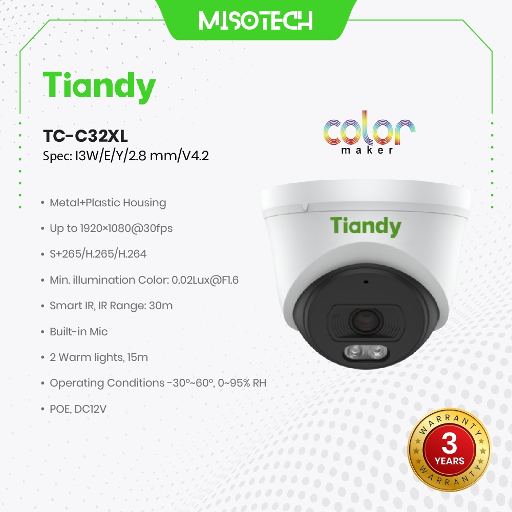 Tiandy TC-C32XL 2MP IP Indoor CCTV Camera PoE Audio Color Maker ...