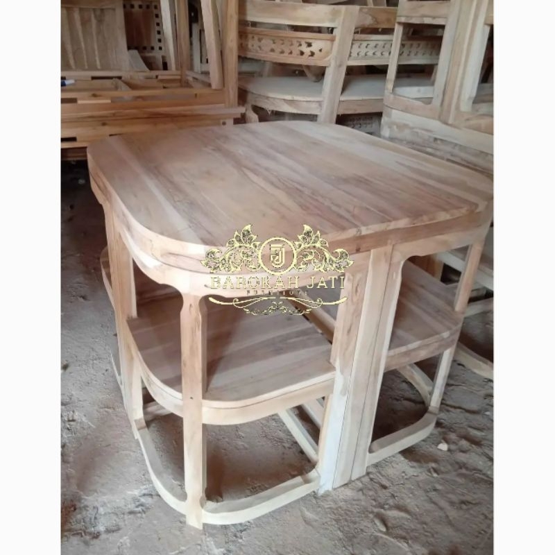 KAYU Minimalist Oval Dining Table With 4-seat Teak Wood Not Yet Color ...