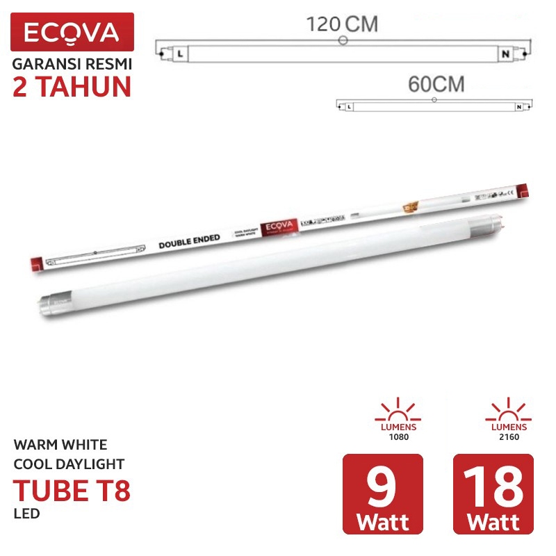 Ecova T8 LED Neon Tube Lamp 9 18 Watt 60 120 CM | Shopee Singapore