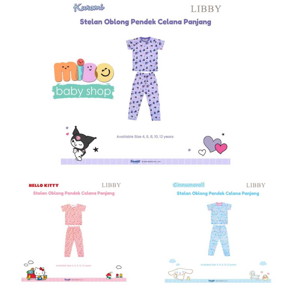 Libby Sanrio Pajama Suits Short Oblong Long Pants Girls Kuromi Cinnamoroll Hello Kitty (1Set ...
