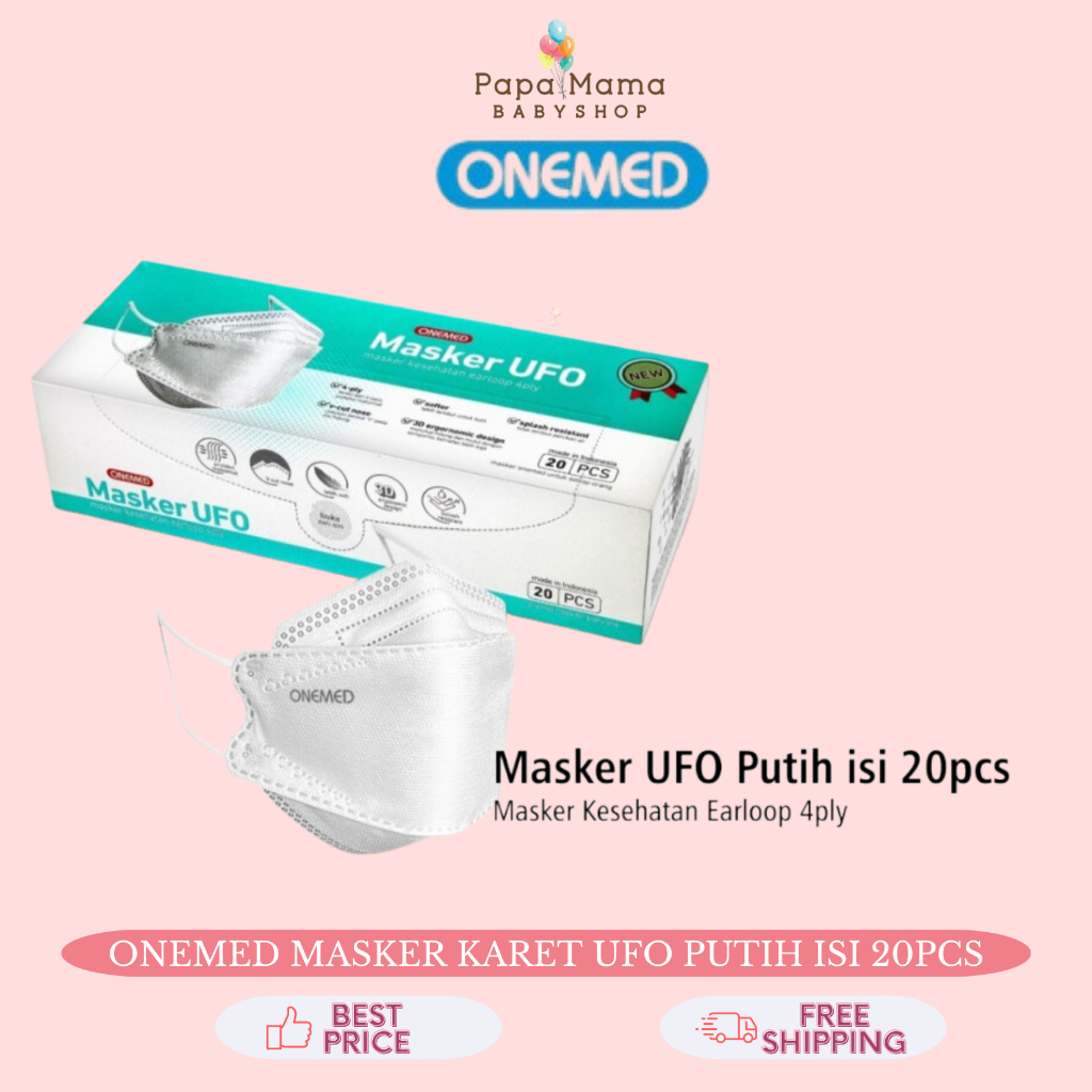 PUTIH Onemed White 3D UFO Rubber Mask OneMed 4ply Box contains 20 pcs ...