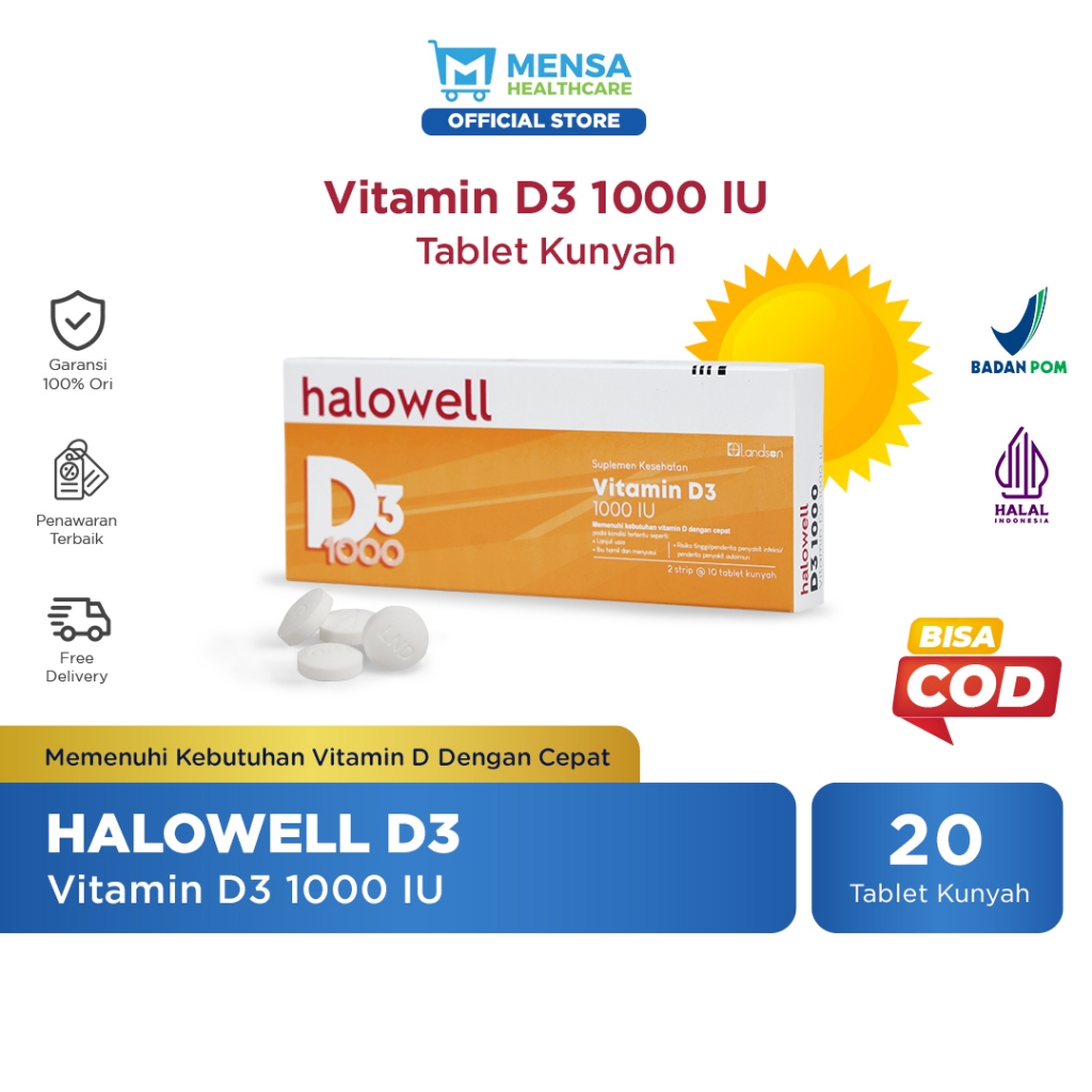 Halowell Vitamin D3 1000 IU 1 Pack x 20 Chewable Tablets (Health ...