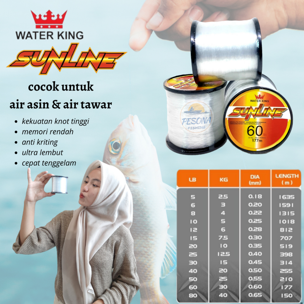 Water KING SUNLINE Fishing Line CLEAR Color Size 0.18mm - 0.65mm SUPER ...
