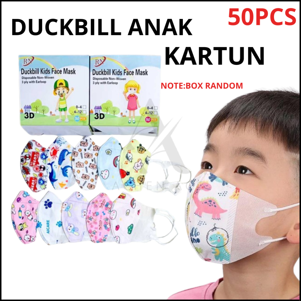 3-Ply Duckbill Mask for Children with Cute Patterns, 1 Box Contains 50 ...