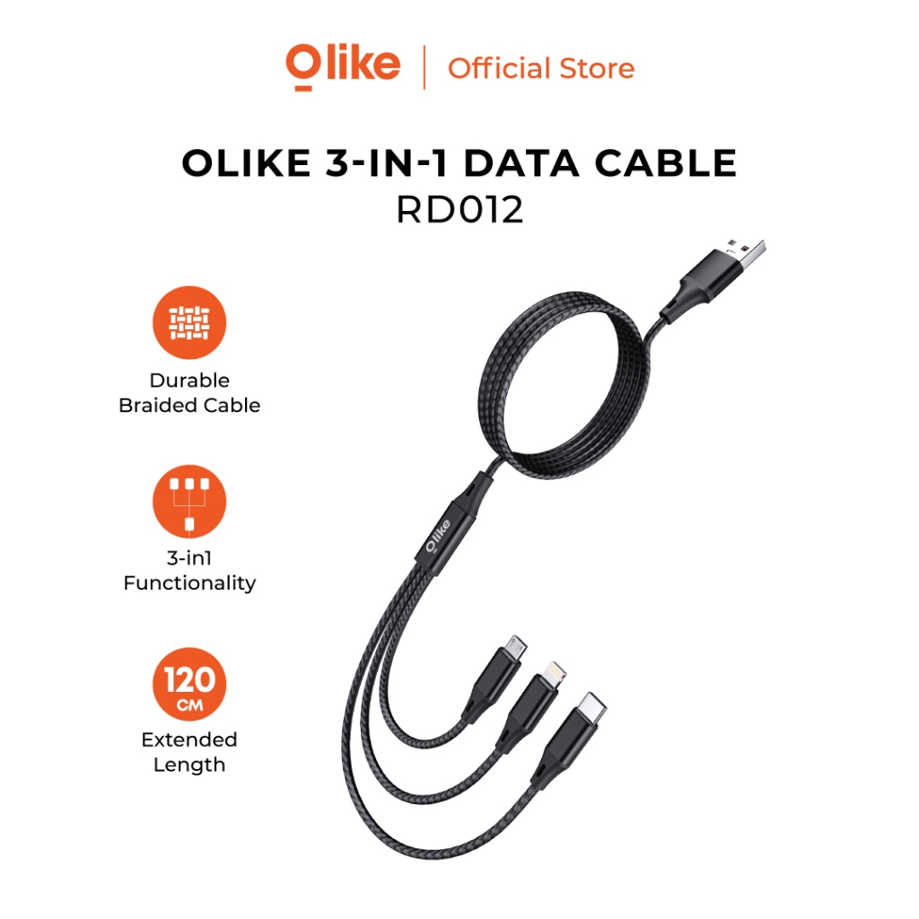 Olike Data Cable RD012 3-In-1 Data Cable Braided Black 120cm - 1 Year ...