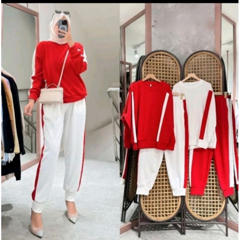 MERAH PUTIH Nira One Jogger Set/muslim Suit/Red And White Suit/Tiedye ...