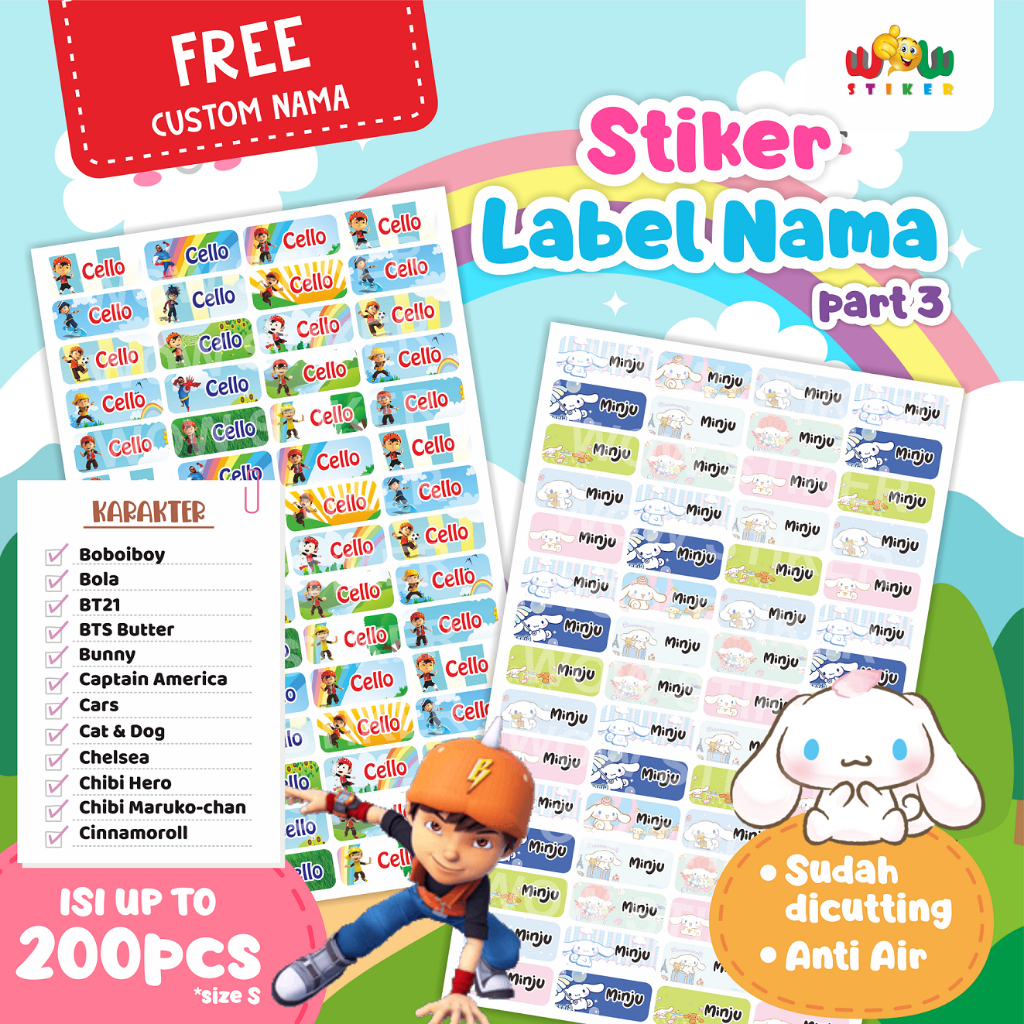 Part 3 Waterproof Name Label Sticker Box Version - Boboiboy, BT21 ...