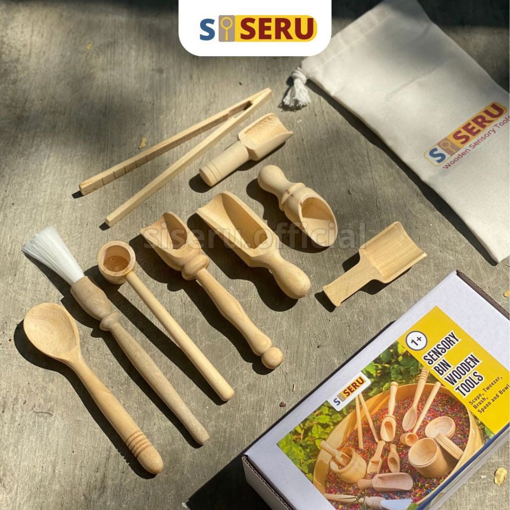 SISERU Sensory Bin Tools | Wooden Scoop, Tweezer, Spoon and Bowl for ...