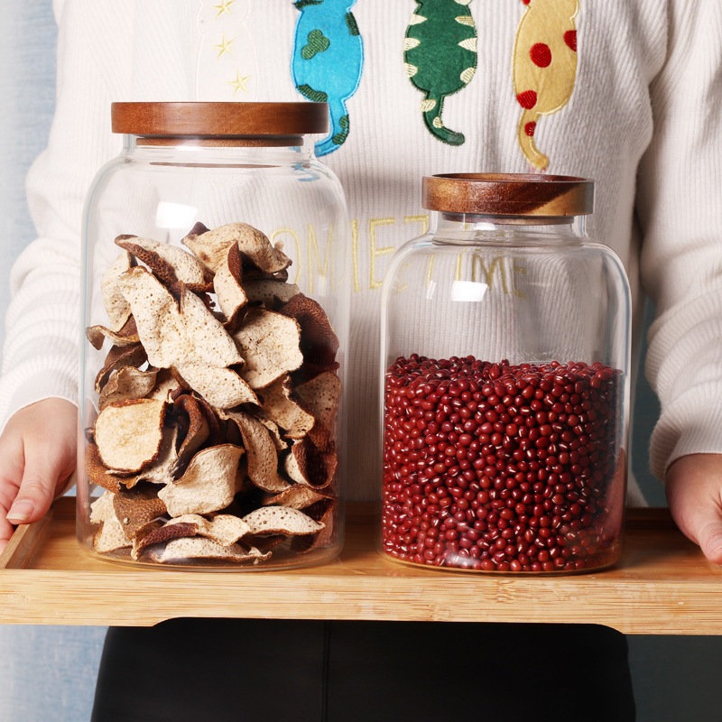 KAYU Aesthetic Glass Jars Wooden Lids Food Storage Clear Transparent ...