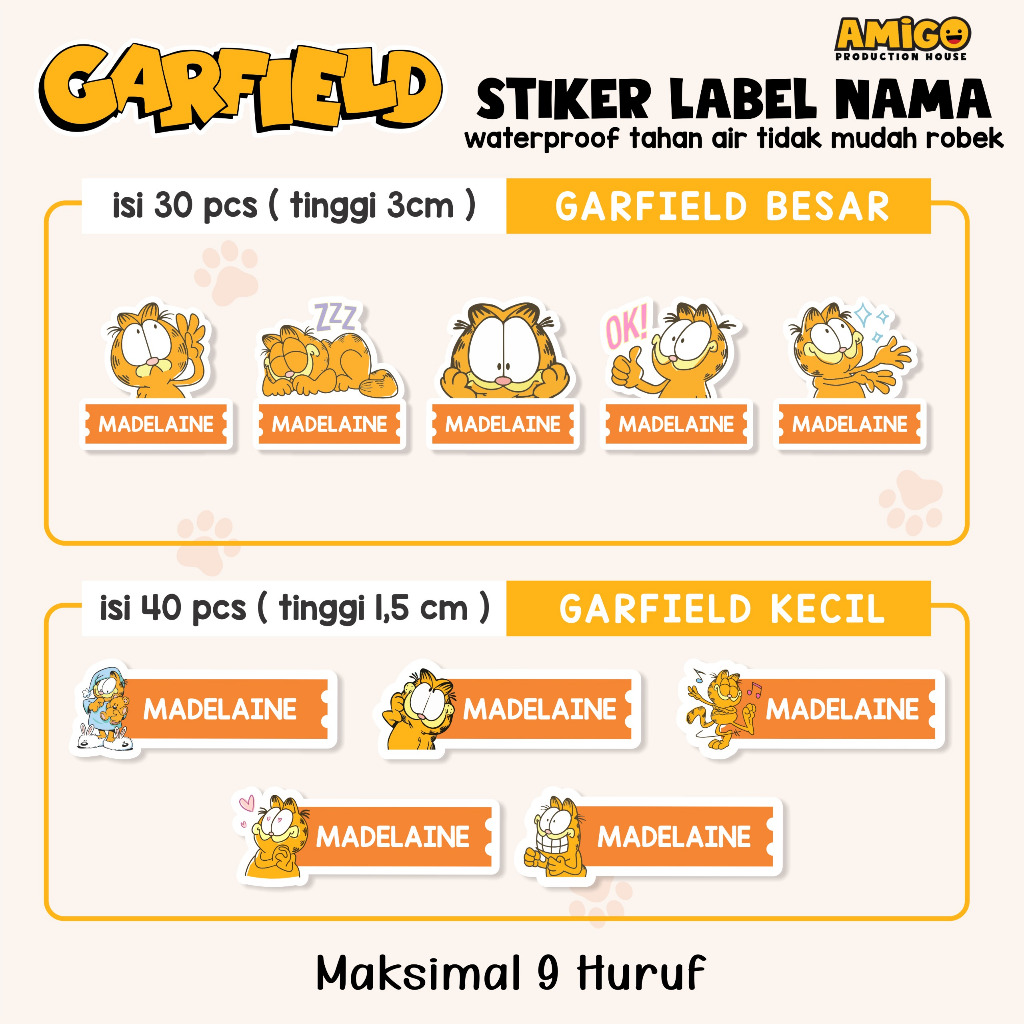 Garfield Name Sticker waterproof Label Sticker | Shopee Singapore