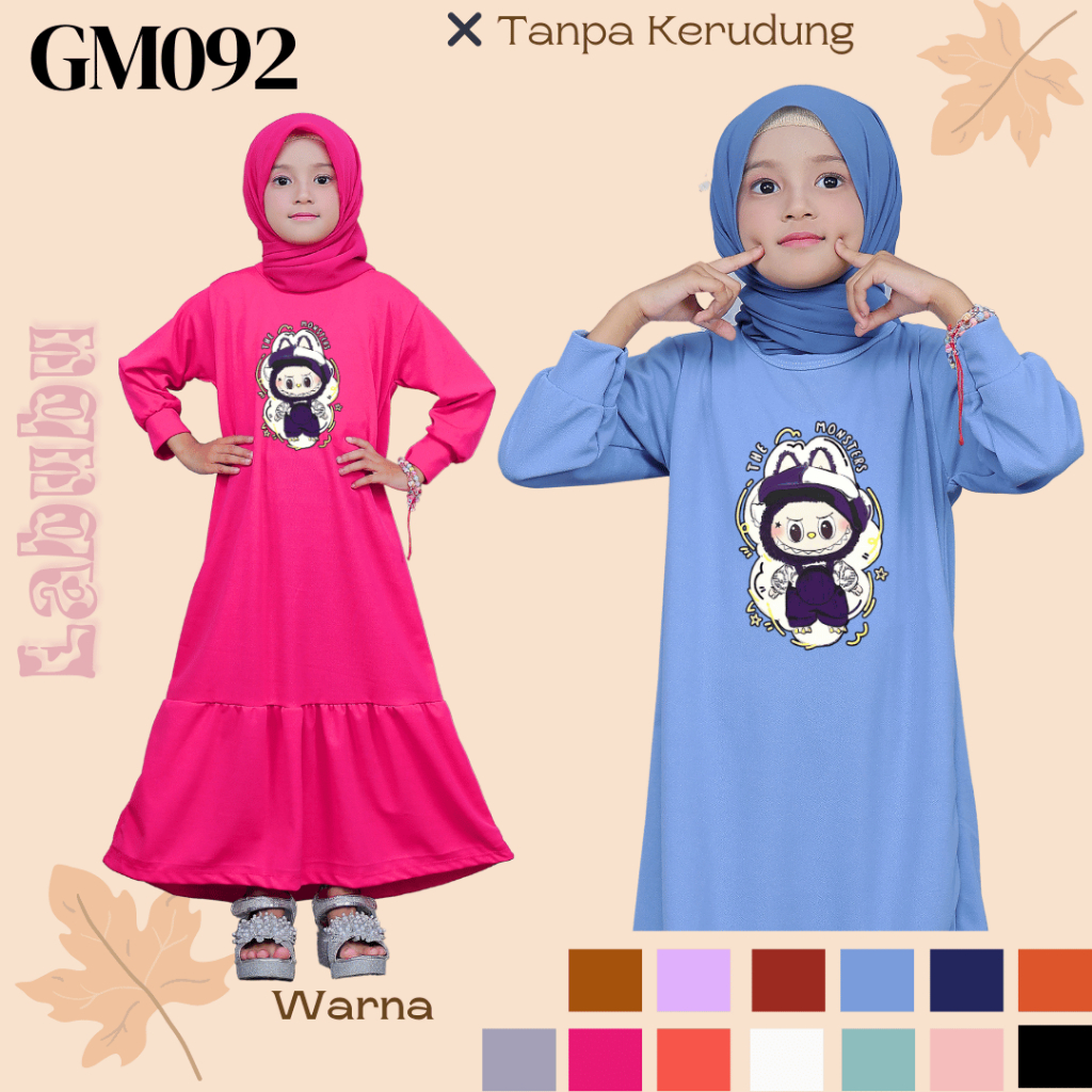 Gm092- Girls HIJAB Dress With Screen Printing MOTIF THE MONSTER LABUBU ...