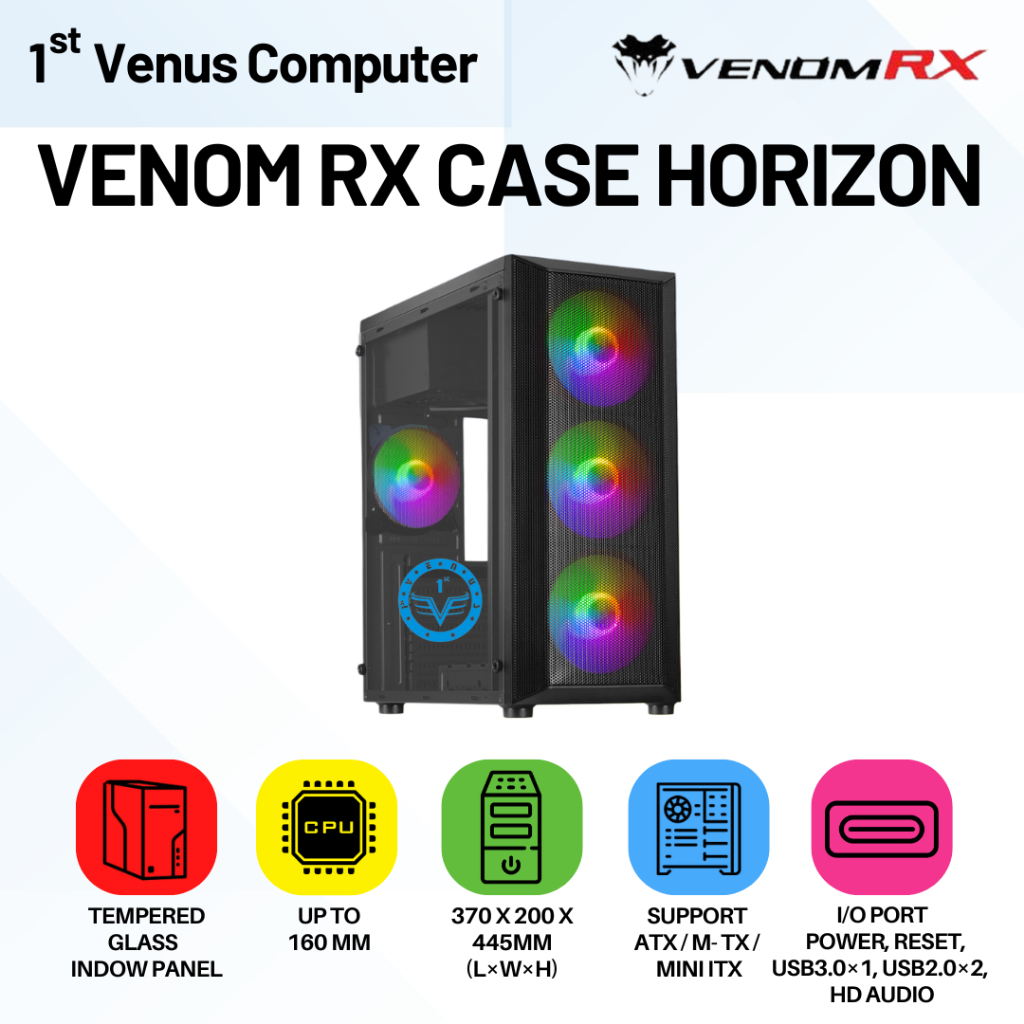Venomrx HORIZON PC Casing Black Tempered Glass Side ATX Gaming Case ...