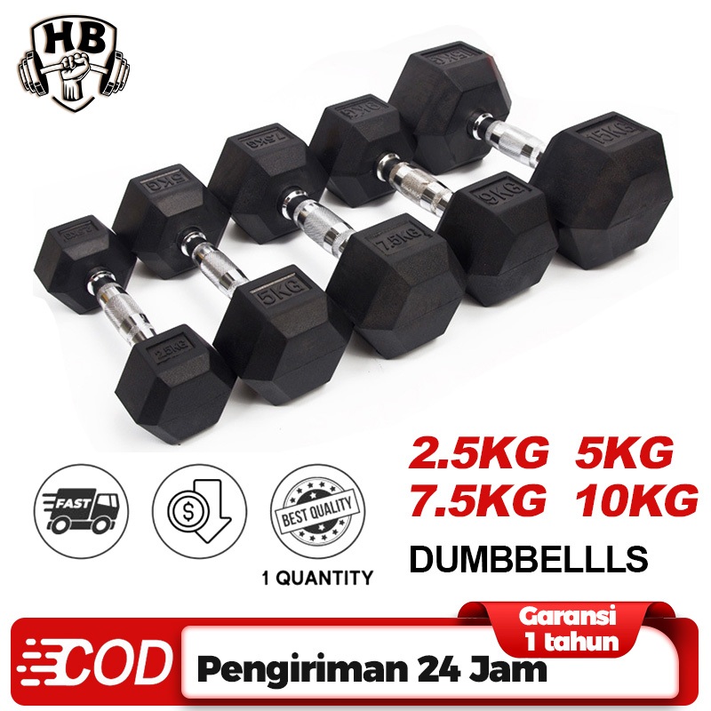 HITAM Heartbeat Hexagonal Rubber Dumbbell 10 Kg/7.5Kg/5KG/2.5KG/Hexagon Rubber Barbell 10 Kg*1 ...