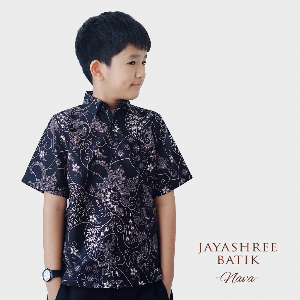KEMEJA Jayashree Batik Kids Nava Black Short Sleeve Batik Shirt (Child ...