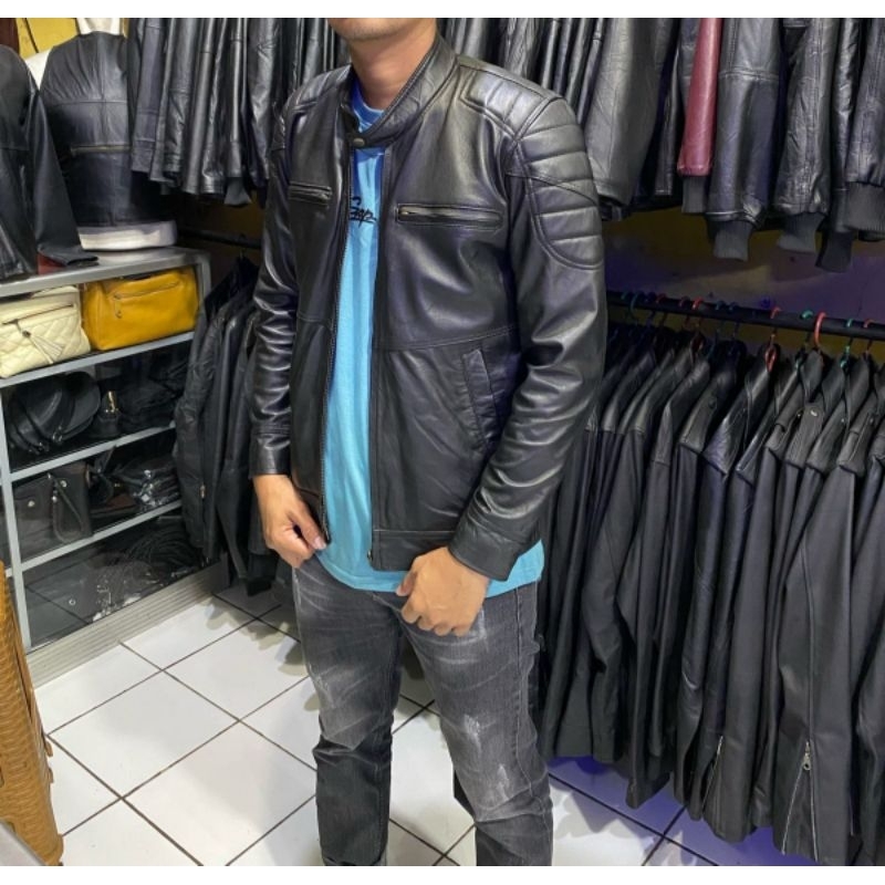 Genuine sheepskin jacket / racing style leather jacket touring leather ...