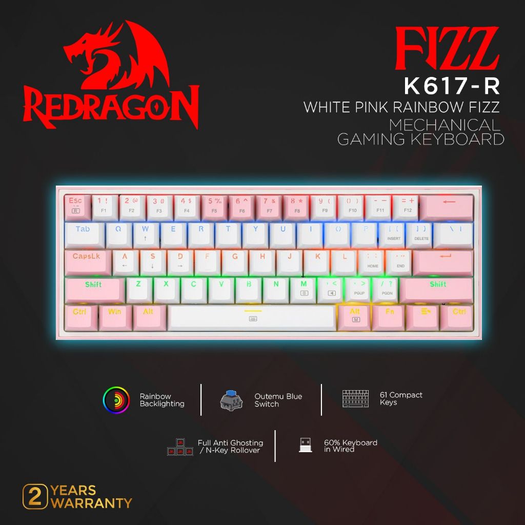 Redragon Mechanical Gaming Keyboard 60% WHITE PINK RAINBOW FIZZ - K617 ...