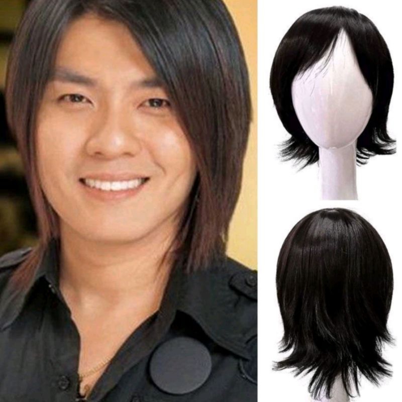HITAM Men's Wig Long Hair Above The Shoulder Natural Black Color Korean ...