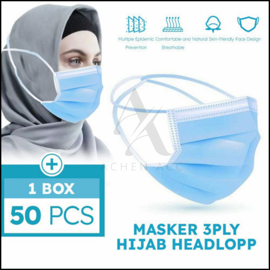 HIJAU 3-Ply Hijab Mask 1 Box Contains 50 Headloop Hijab Masks White ...