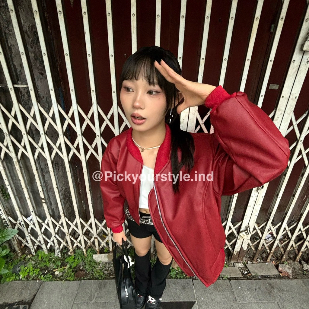 MERAH Leather bomber jacket blackpink concert outfit red leather jacket ...
