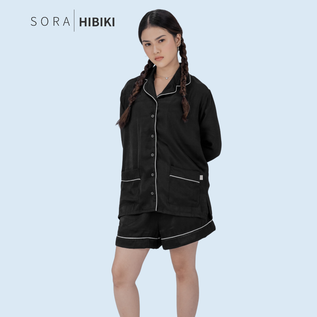 SORA Hibiki Women's Pajamas – Black Shorts Long Sleeve Set - White ...