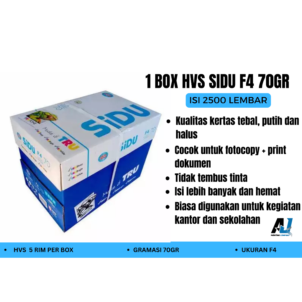 HVS SIDU Sinar F4 FOLIO PAPER 70 GSM 1 BOX/5 RIM Photocopy Printing ...